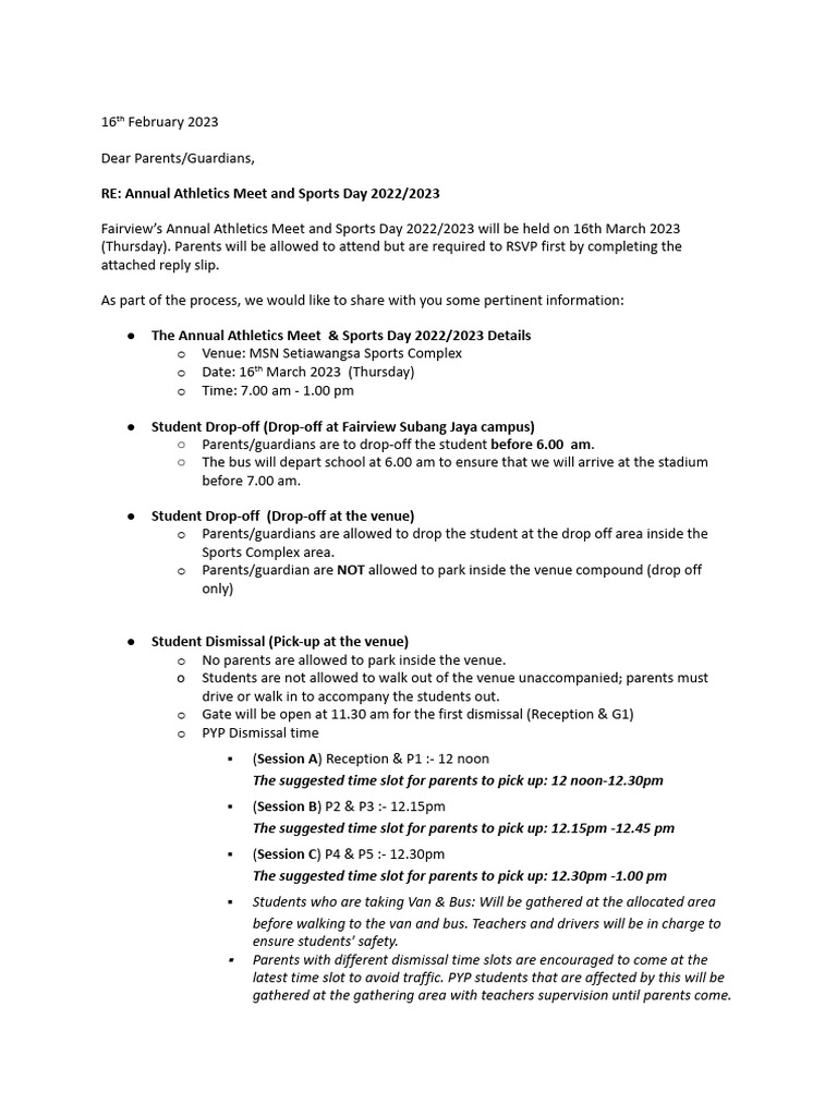 Annual Sport's Day AY2022 - 23 - Letter To Parents | PDF | Family