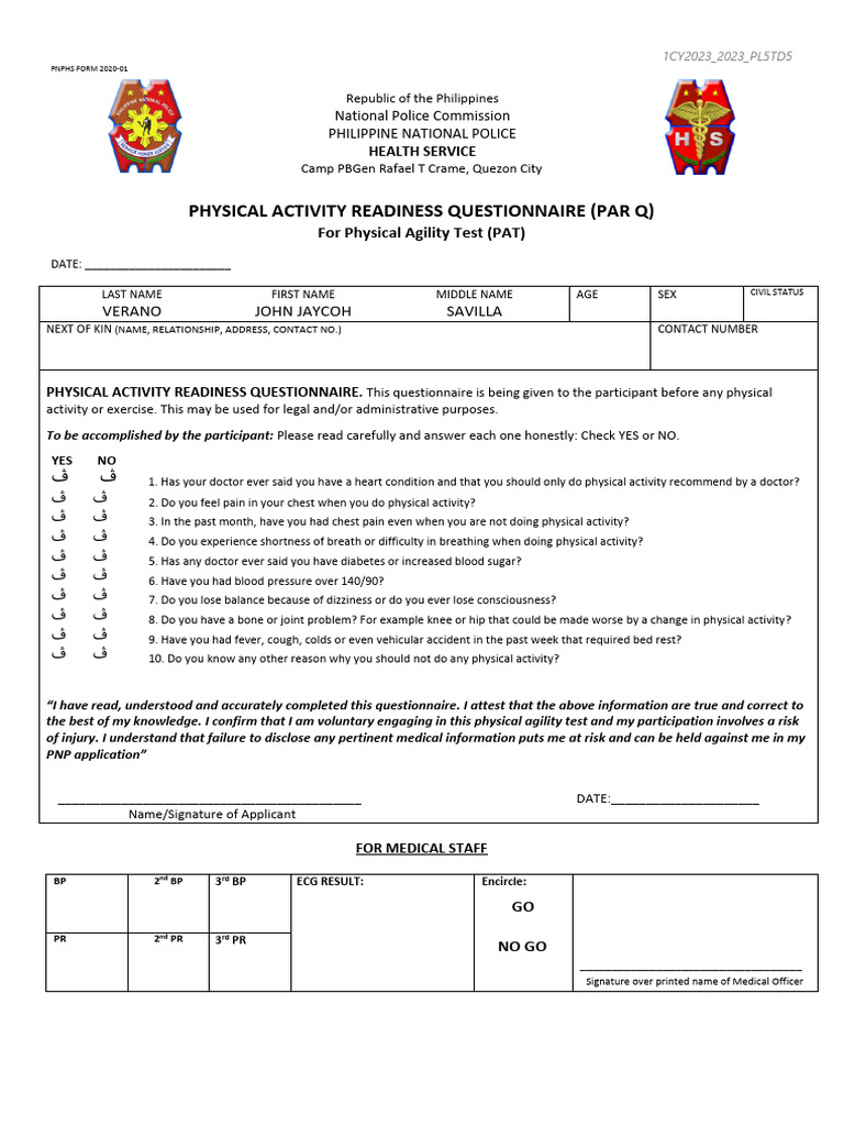Pat Physical Readiness Questionare | PDF | Diseases And Disorders ...