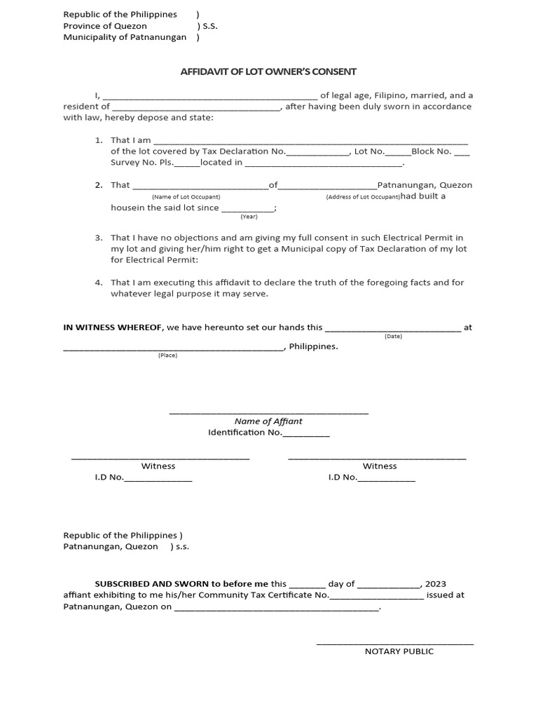 Affidavit of Lot Owner's Consent | PDF