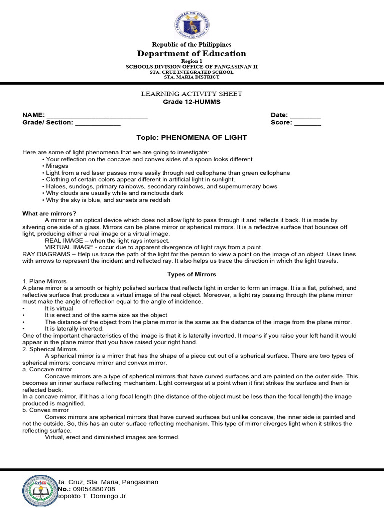 Grade 12 Humms Phenomena of Light | PDF | Rainbow | Mirror