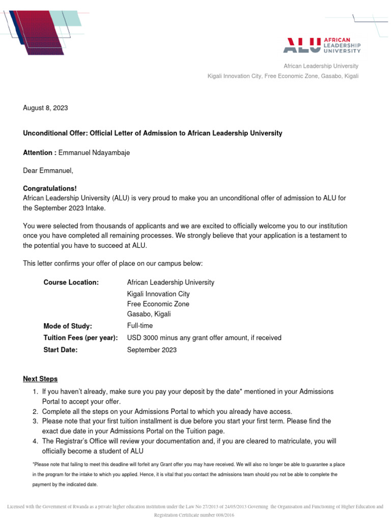 Offer: To African Leadership University Unconditional Official Letter ...