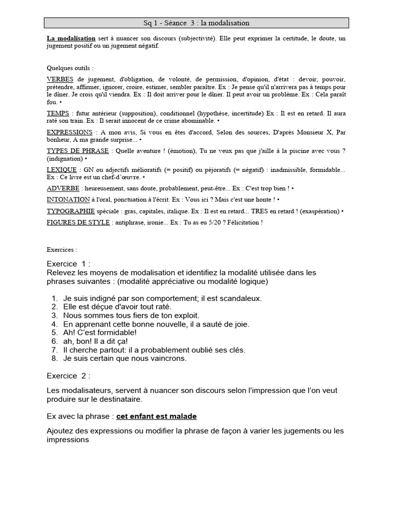 La modalisation : cours et exercices | PDF
