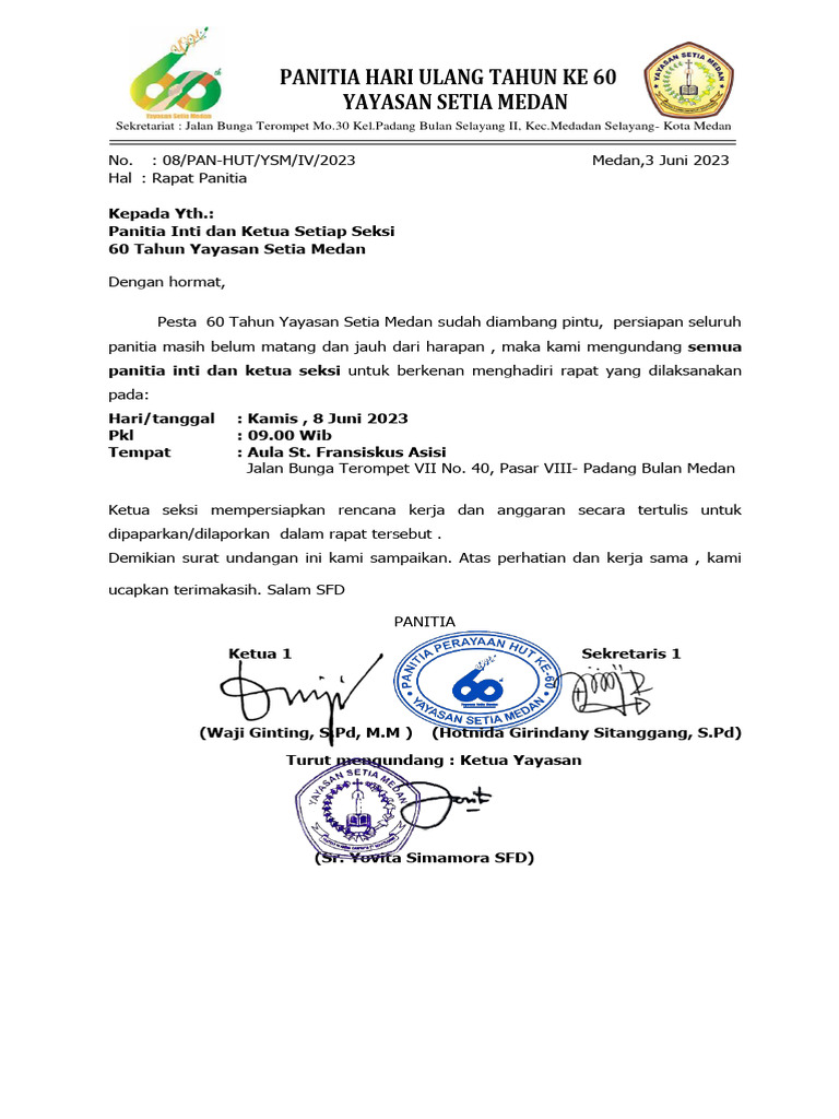 Surat Undangan Rapat Hut Ysm - 8 Juni 2023 | PDF