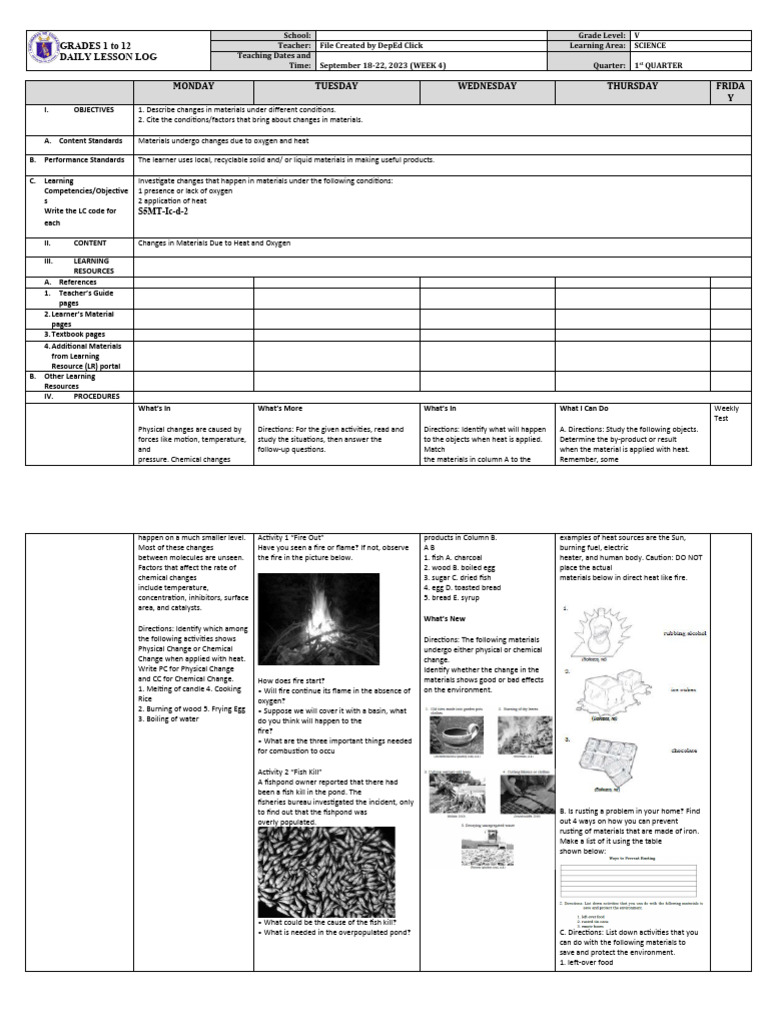 DLL - Science 5 - Q1 - W4 | PDF | Fires | Combustion