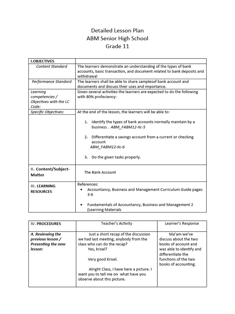 Detailed Lesson Plan EDITED | PDF | Transaction Account | Passbook