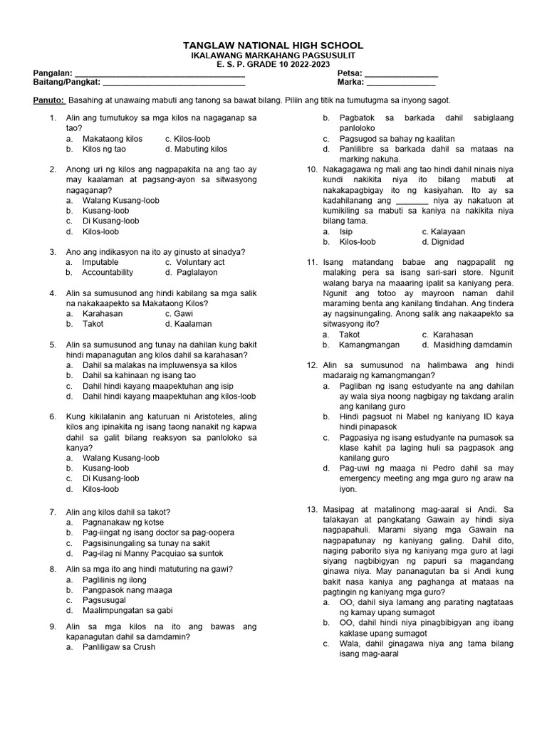 2nd Periodical Test Esp10 | PDF