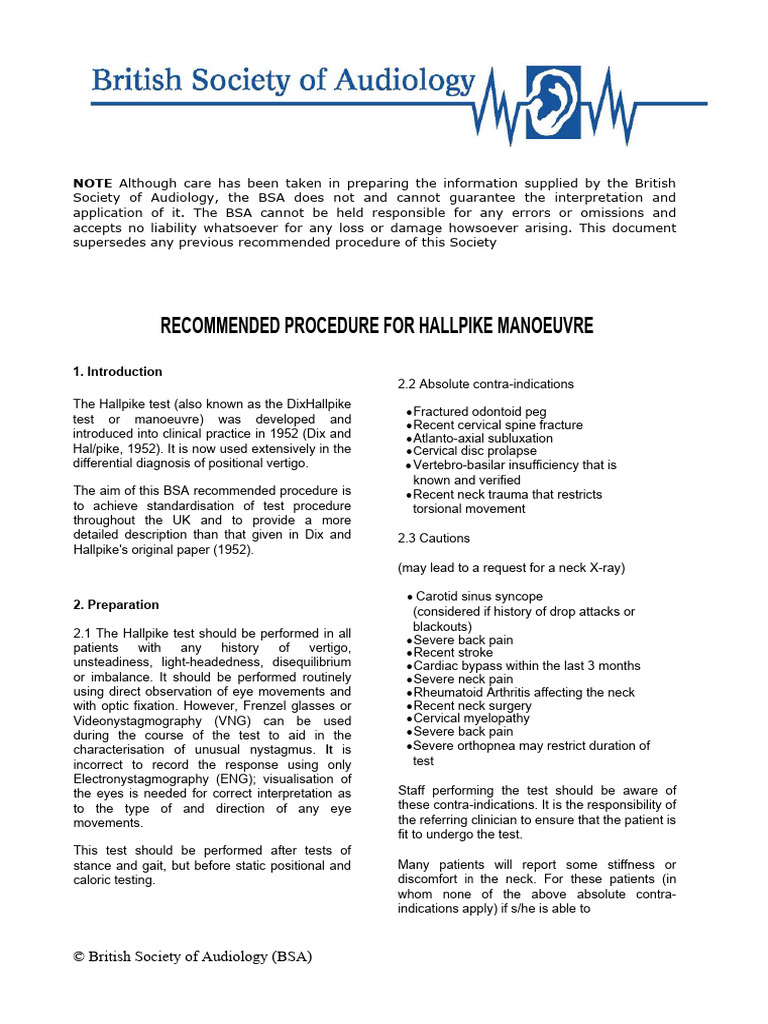 BSA Recommended Dix-Hallpike Maneuver Technique | PDF | Diseases And ...