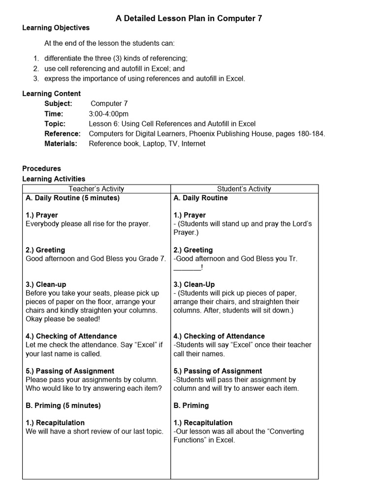 Excel Cell Referencing Lesson Plan | PDF | Microsoft Excel | Lesson Plan