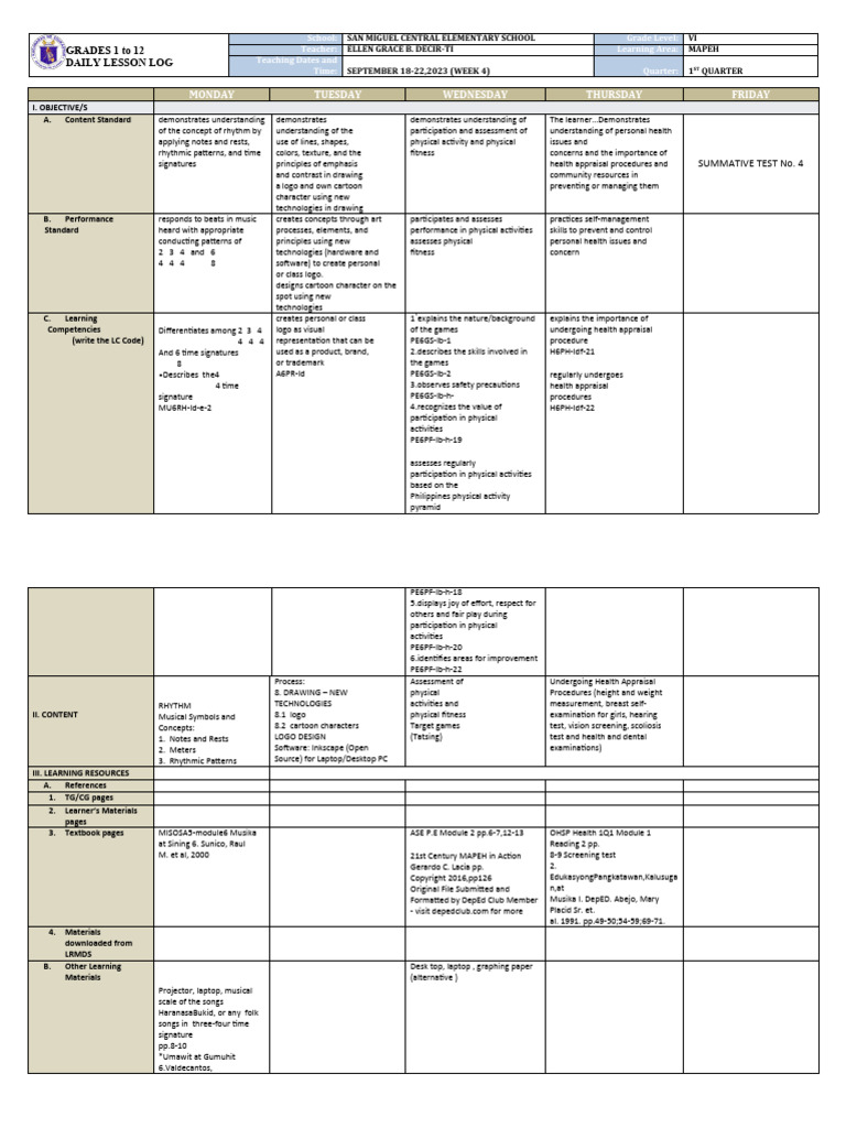 DLL - Mapeh 6 - Q1 - W4 | PDF | Learning | Teachers