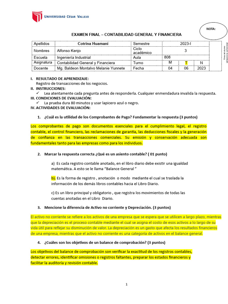Examen Final Contabilidad | PDF | Contabilidad | Hoja de balance
