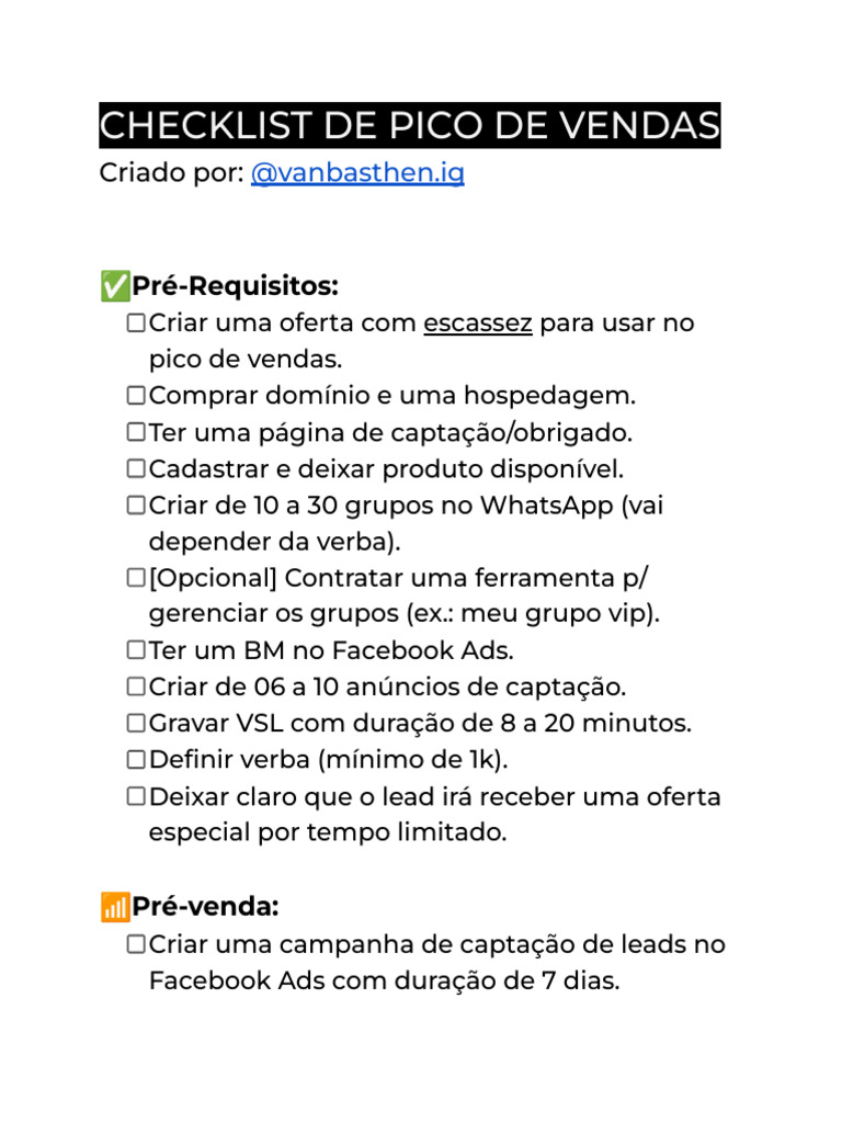 Checklist de Pico de Vendas | PDF