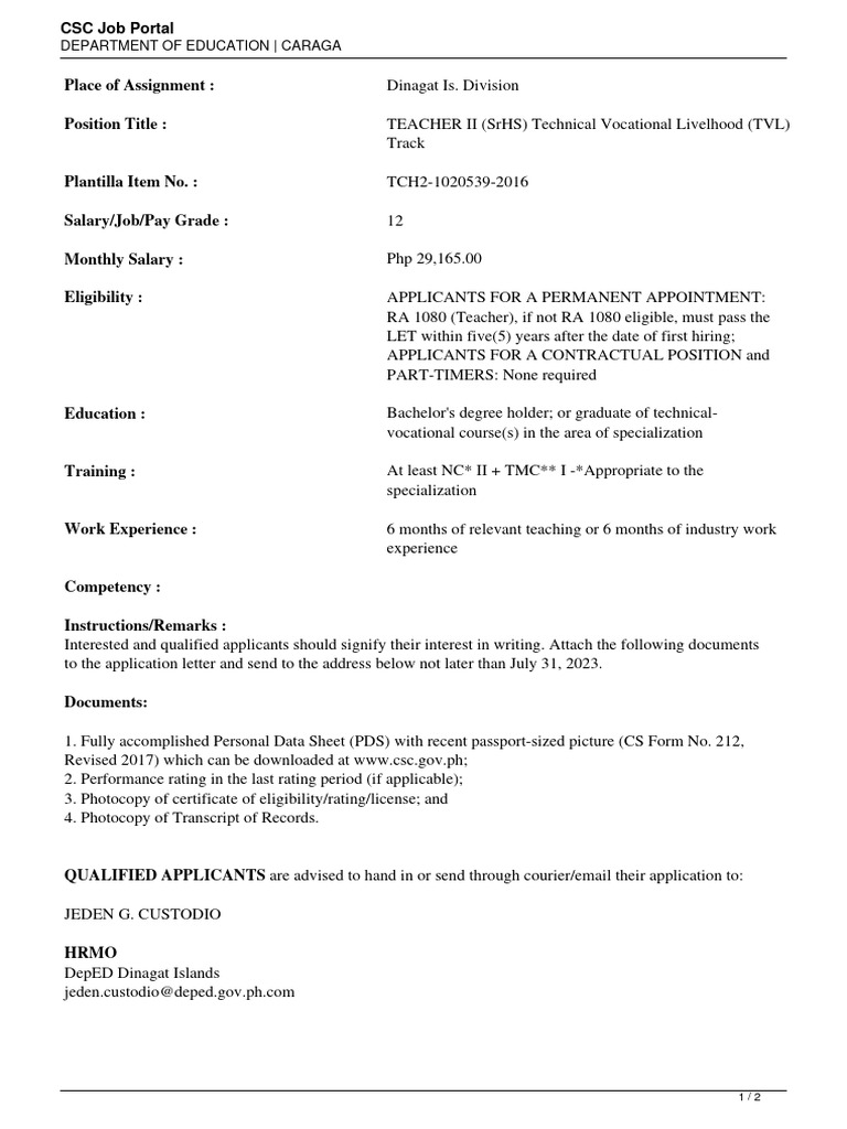 Department of Education-Teacher II Srhs Technical Vocational Livelhood ...