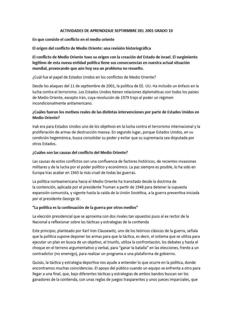 Actividades de Aprendizaje Septirmbre Del 2001 Grado 10 | PDF | Ataques ...