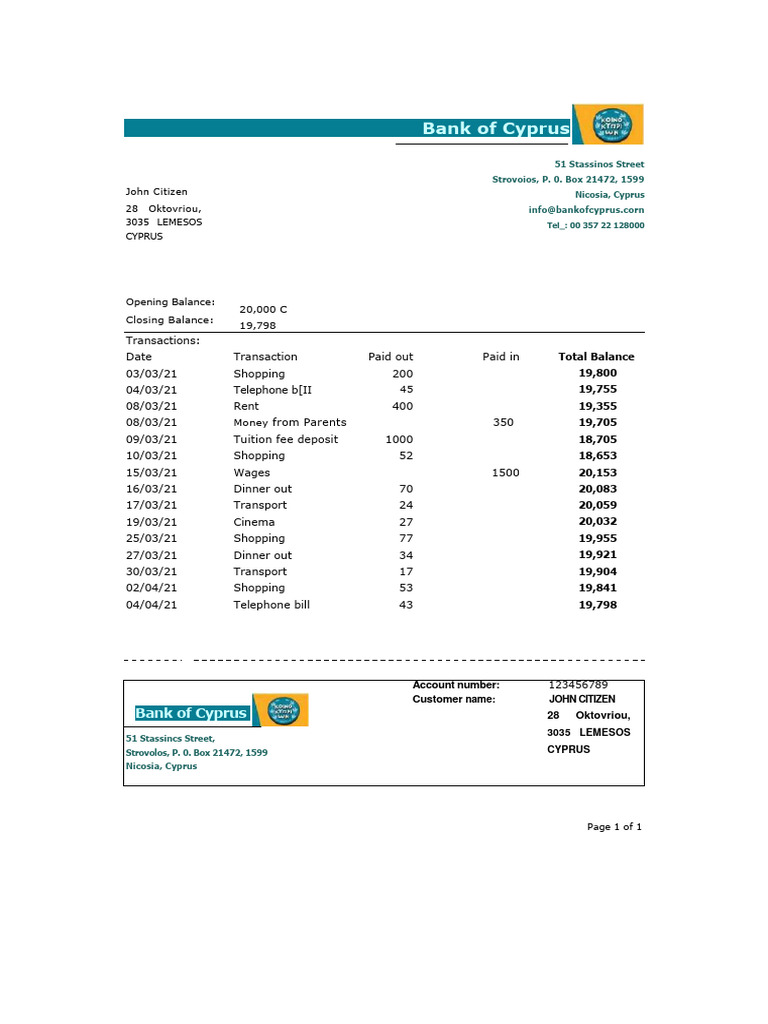 Cyprus Bank of Cyprus - 000001 | PDF | Banks | Deposit Account