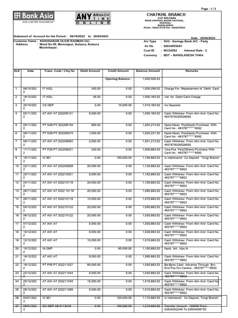 Bank Asia Statement | PDF | Debit Card | Credit Card