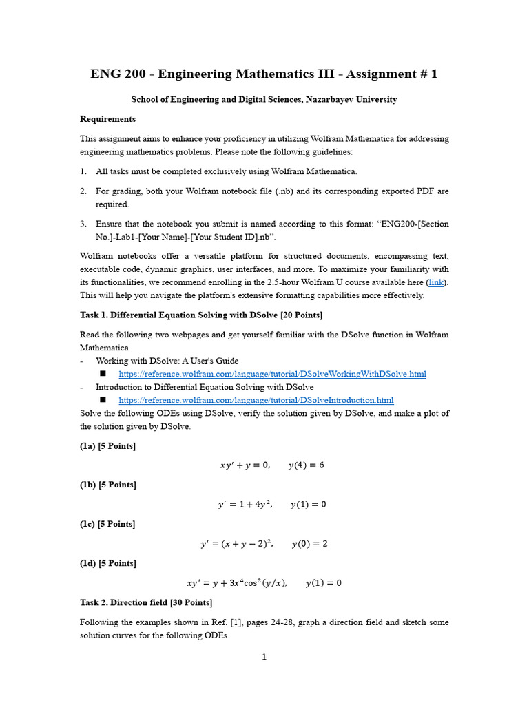 Assignment 01-ENG 200-Fall2023 - VF | PDF | Ordinary Differential Equation | Equations