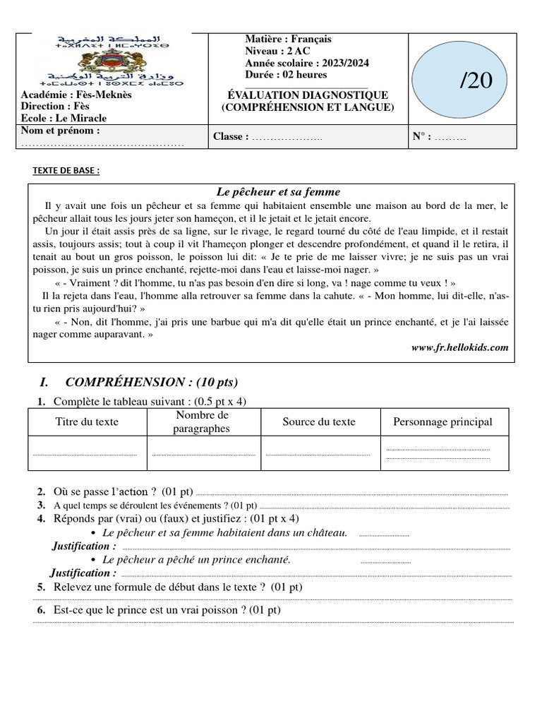 Évaluation Diagnostique Français 2AC | PDF