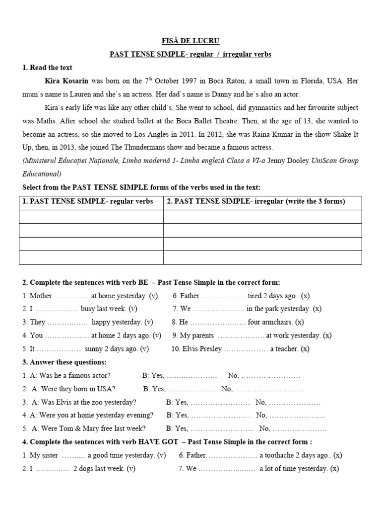 Fisa de Lucru Clasa A VI A ENGL PAST TENSE SIMPLE | PDF | Linguistics ...