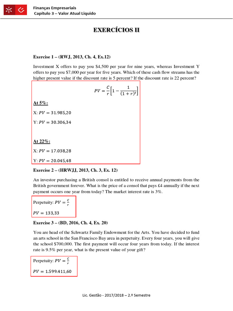 Exercícios Capítulo 3 (II) - Valor Atual Liquido-Sol | PDF