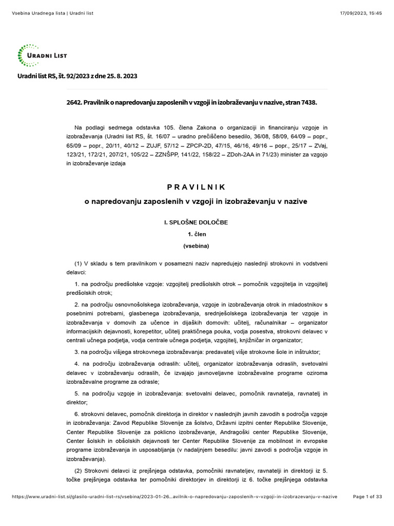 Pravilnik o Napredovanju Zaposlenih V Vzgoji in Izobraževanju V Nazive 2023 | PDF