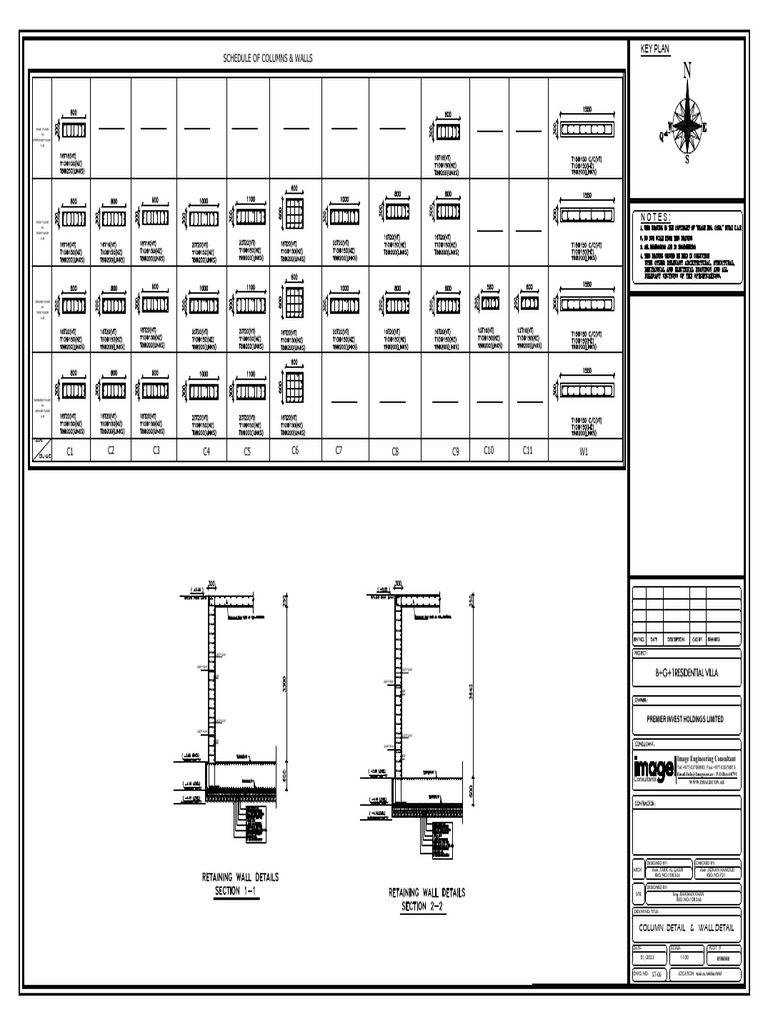 Key Plan Schedule of Columns & Walls: B+G+1Residential Villa | PDF