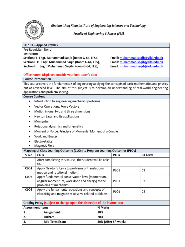 PH101-Applied Physics Course Outline Fall 2023 | PDF | Force | Rotation ...