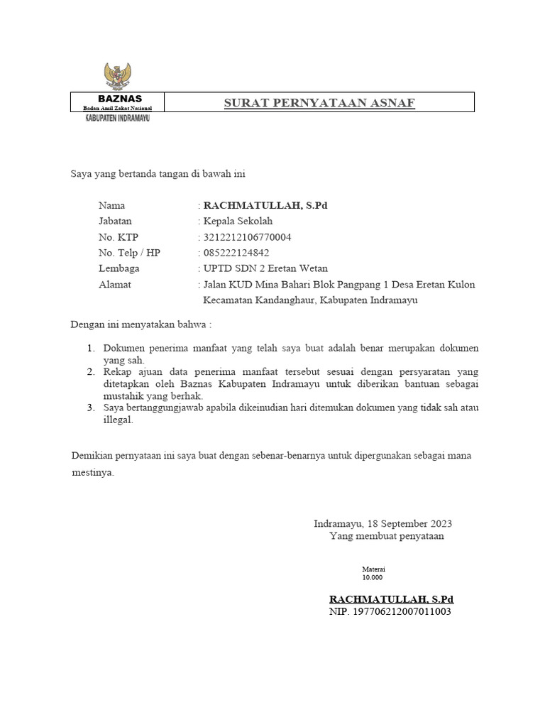 Surat Pernyataan Asnaf | PDF