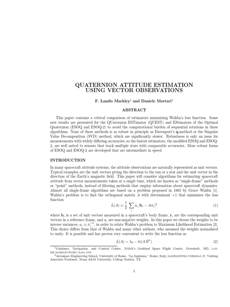 Quaternion Attitude Estimation Using Vector Observations | PDF | Normal Distribution | Matrix ...