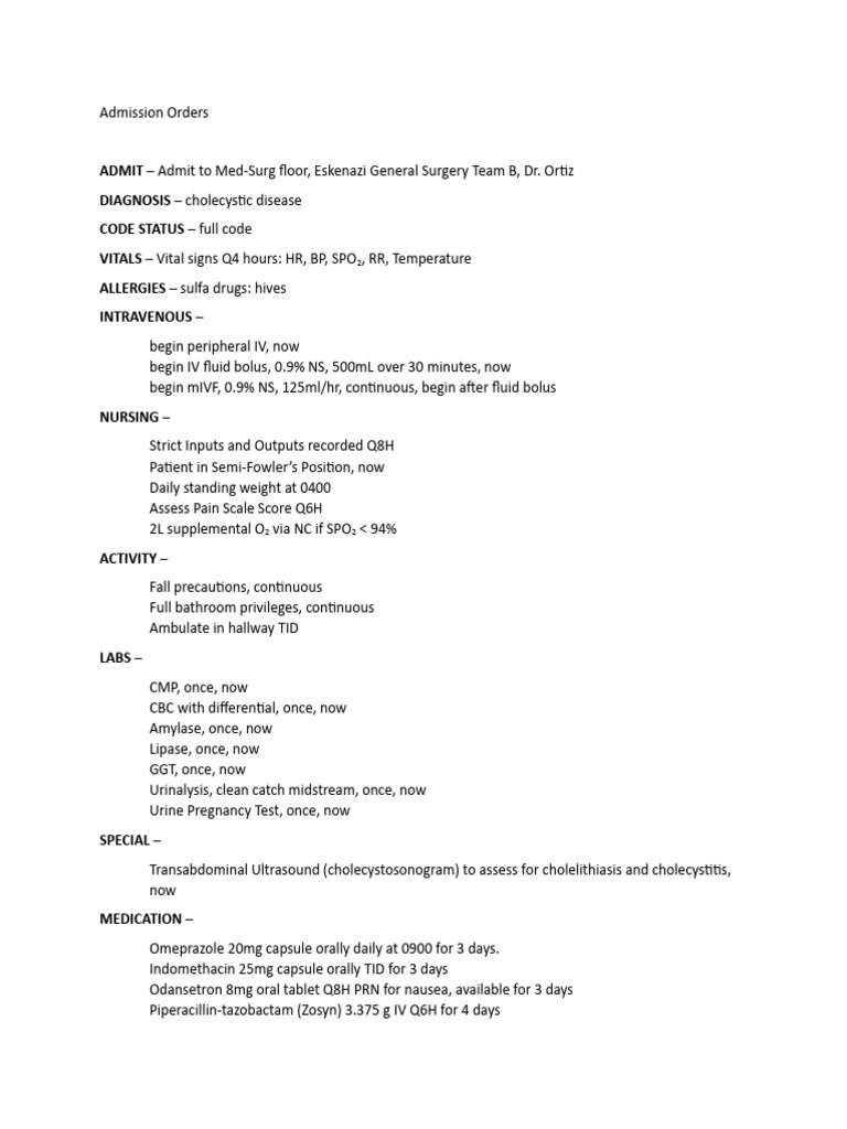 Surgery - Admission Orders | PDF