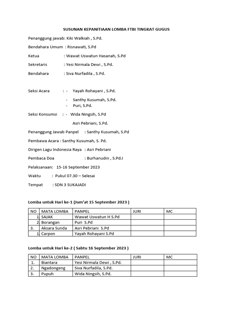 Susunan Kepanitiaan Lomba Ftbi Tingkat Gugus | PDF
