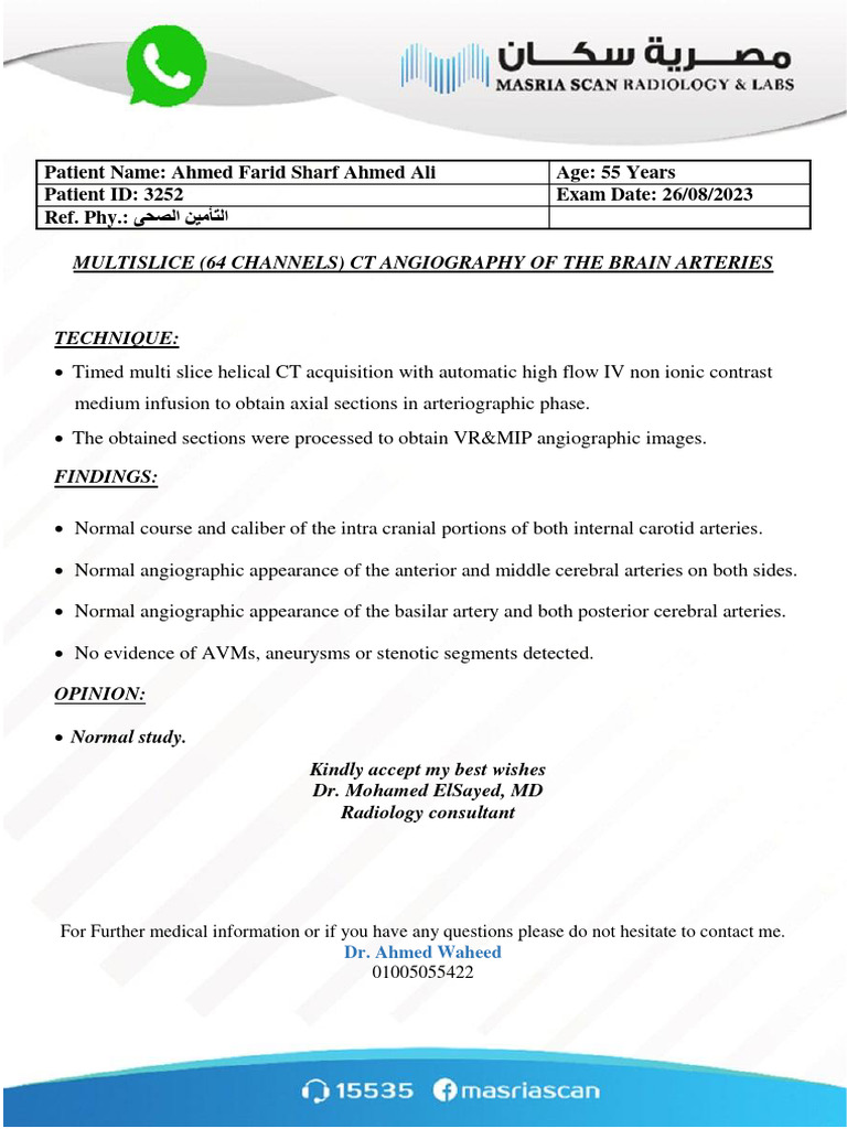 Normal CT Angiography Brain Report | PDF | Self-Improvement
