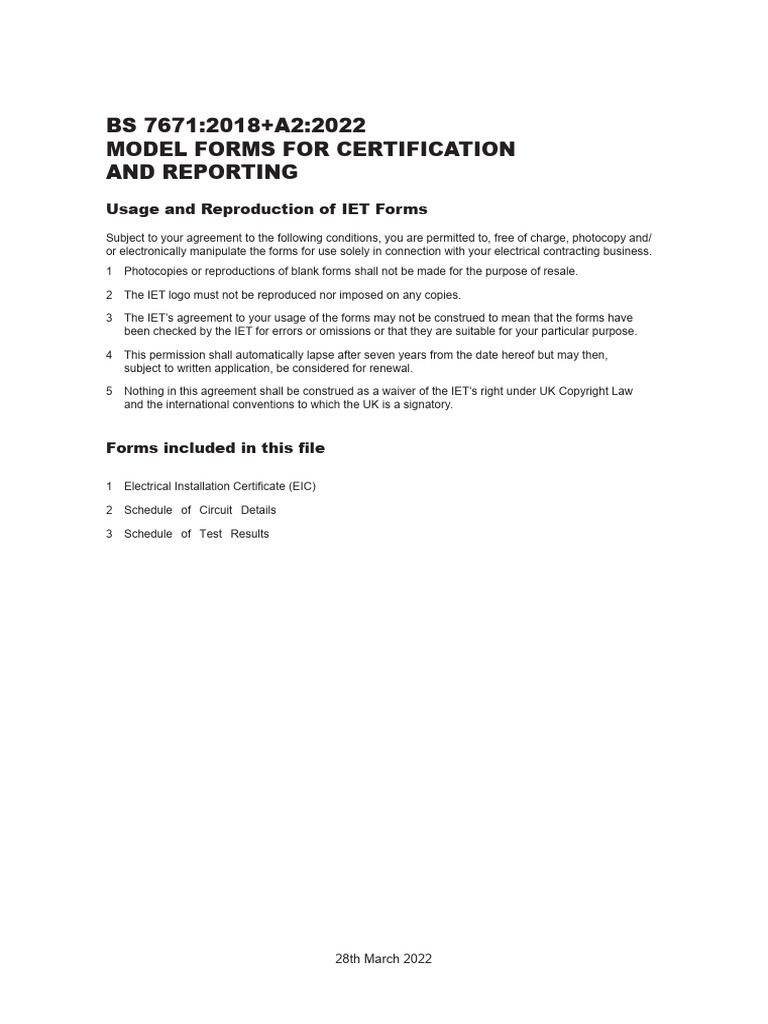 BS 7671 - 2018+a2 - 2022 Model Forms For Certification and Reporting ...