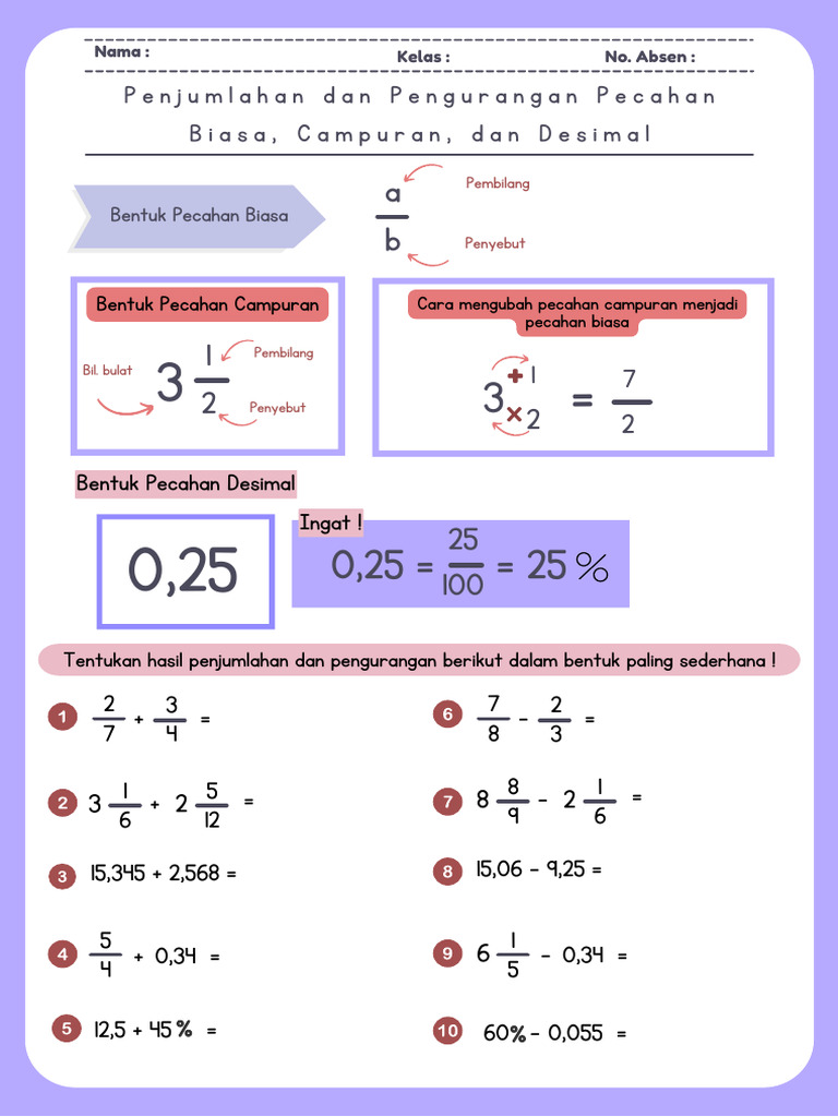 Worksheet Materi Pecahan Penjumlahan Dan Pengurangan | PDF