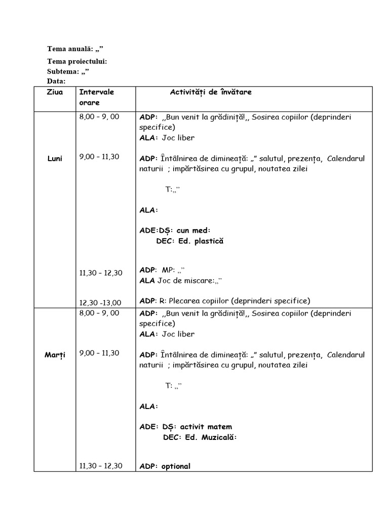 Planificare Saptamanala - Model | PDF