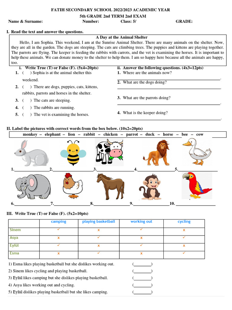 5th Grade 2nd Tern 2nd Exam | PDF | Domesticated Animals | Animals And Humans