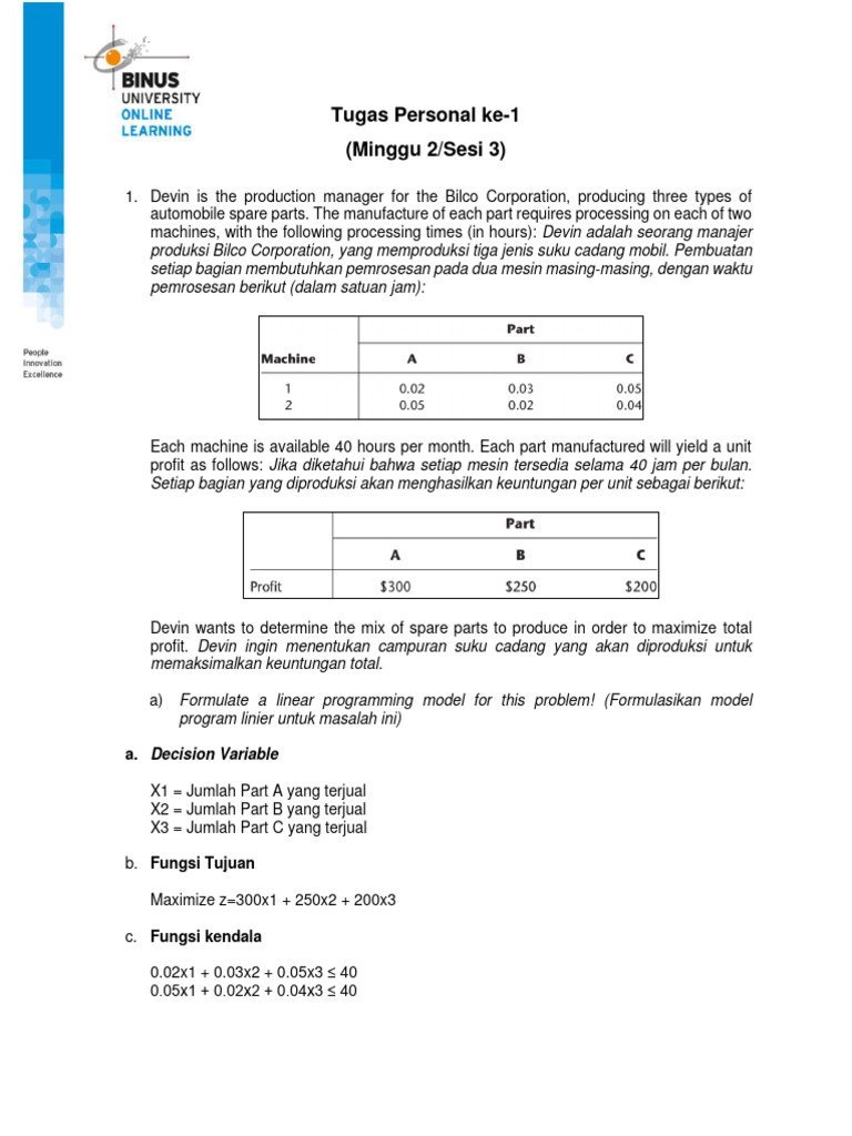 Tugas Personal Ke-1 (Minggu 2/sesi 3) : A. Decision Variable | PDF ...