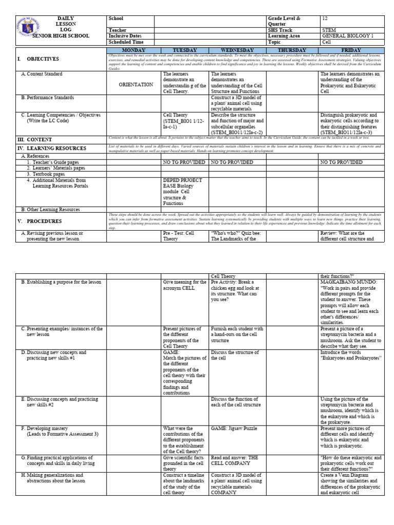 Weekly Plan: Cell Theory and Structure | PDF | Learning | Cell (Biology)