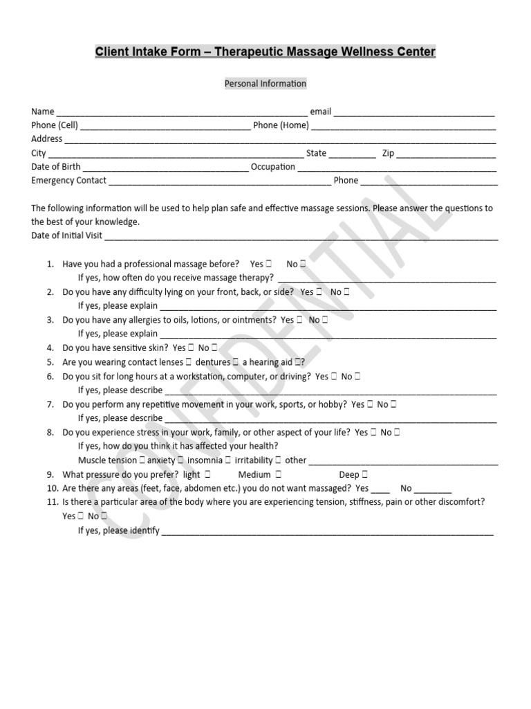 Client Intake Form for Massage Therapy | PDF | Massage | Health Care
