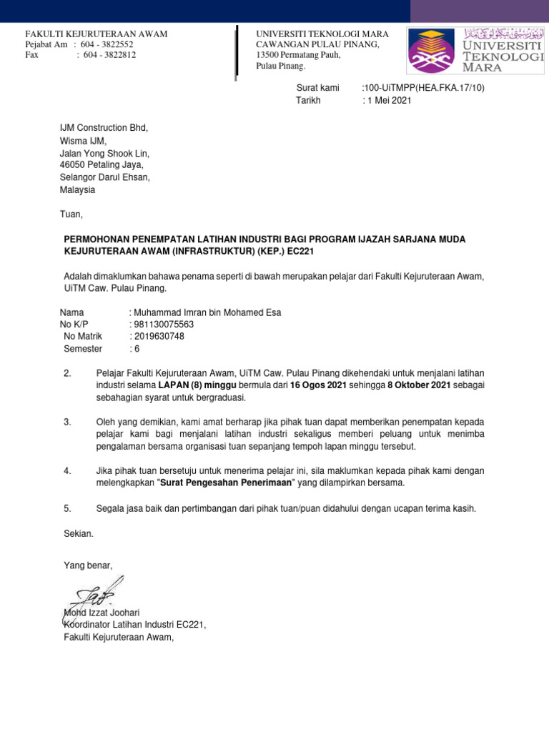 Industrial Training Placement Letter | PDF