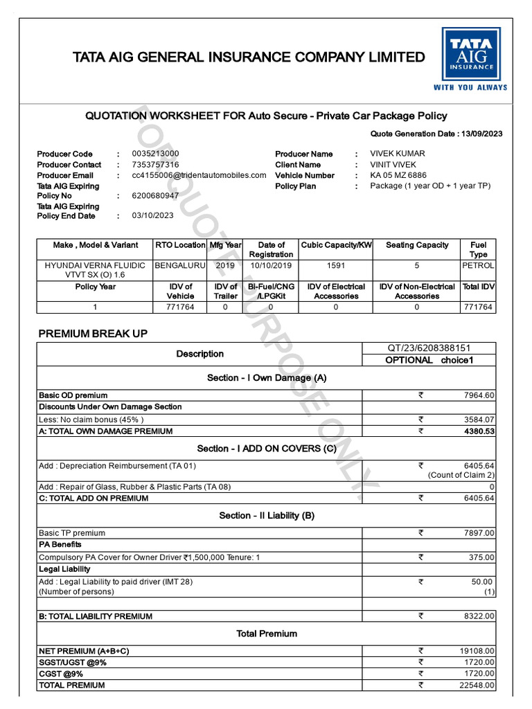 Tata AIG Motor Premium Quote - 3184 - QT - 23 - 6208388151 | PDF | Insurance | Vehicle Technology