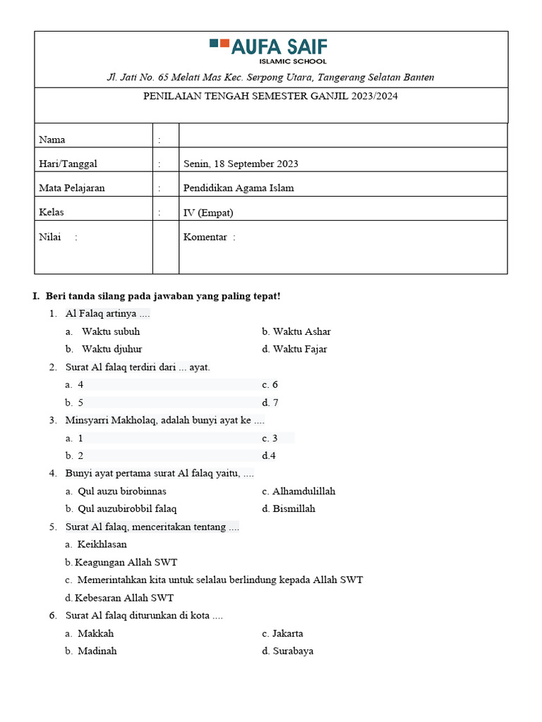 PTS Ganjil Pai Kelas 4 2324 | PDF