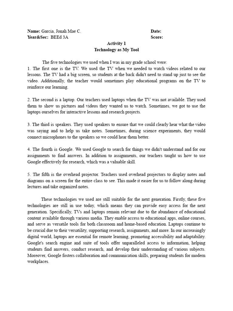 Name: Garcia, Jonah Mae C. Date: Year&Sec: Beed 3A Score: Activity 1 ...