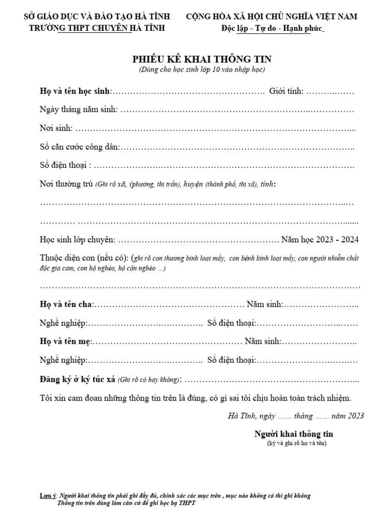 Phieu Ke Khai Thong Tin 1 | PDF