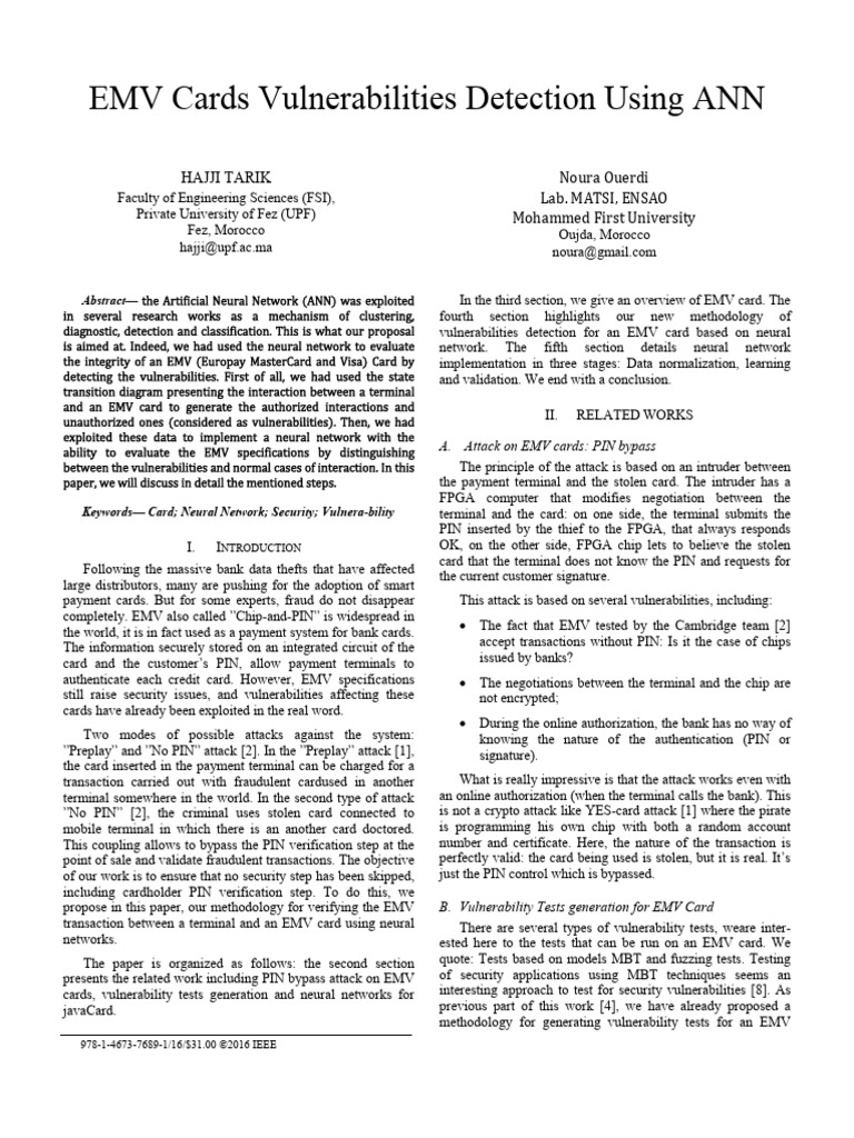 Emv Cards Vulnerabilities Detection Using Ann Pdf Emv Computing