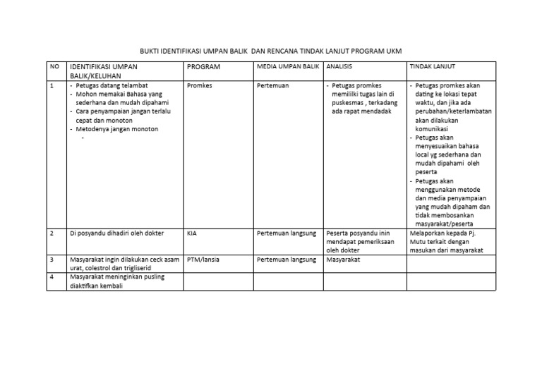 Bukti Identifikasi Umpan Balik Dan Rencana Tindak Lanjut Program Ukm | PDF