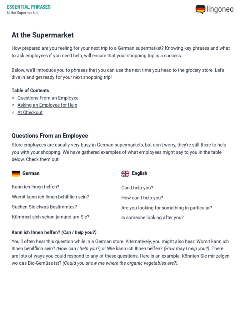 At The Supermarket - Phrases Full Article | PDF | Supermarket