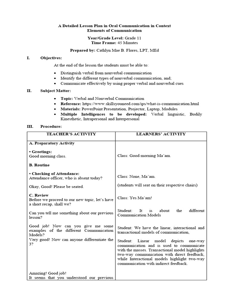 Grade 11 Oral Communication Lesson Plan | PDF | Communication ...