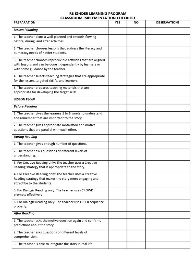 R8 Kinder Learning Program Classroom Implementation Checklist | PDF