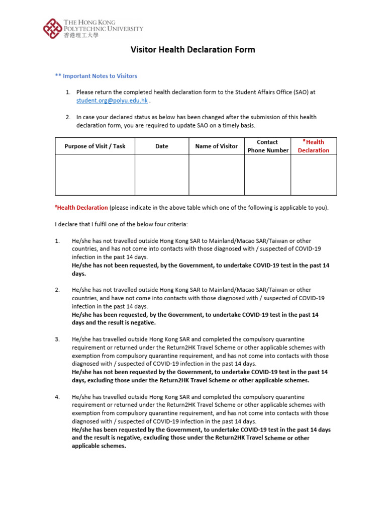 Visitor Health Declaration Form | PDF | Special Administrative Regions Of China | Mainland China