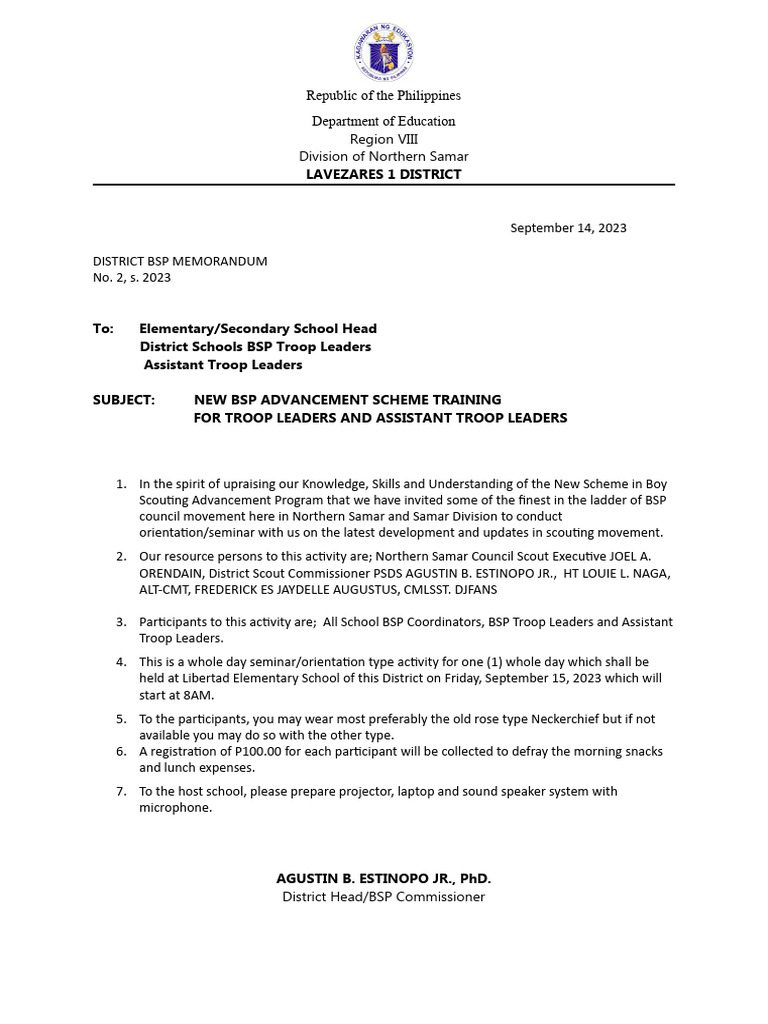 District BSP Memo No. 2 | PDF